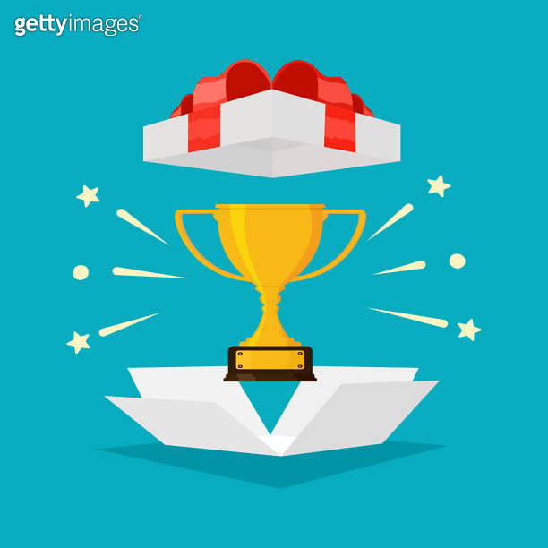 Trophy in gift box with red ribbon . Special bonus reward idea ...