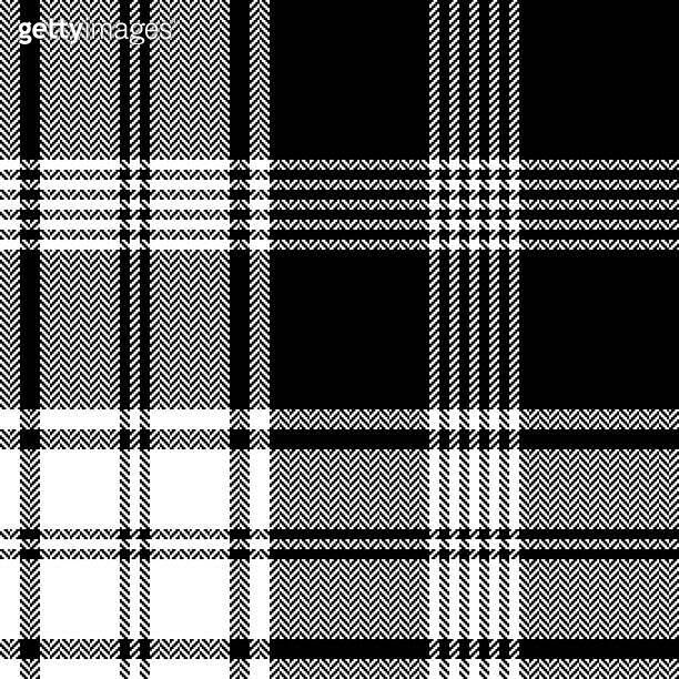 Black white plaid pattern. Large herringbone textured tartan check ...