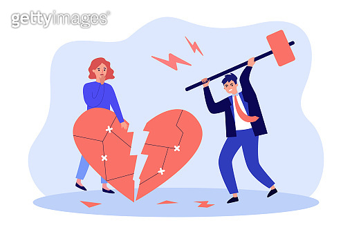 Angry tiny man breaking heart with hammer 이미지 (1358381414) - 게티이미지뱅크