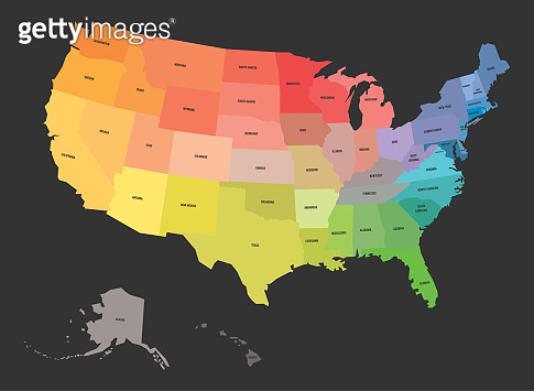 Map of USA, United States of America, in colors of rainbow spectrum ...