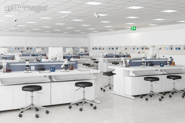 Science Laboratory With White Desks, Microscopes And Other Scientific ...