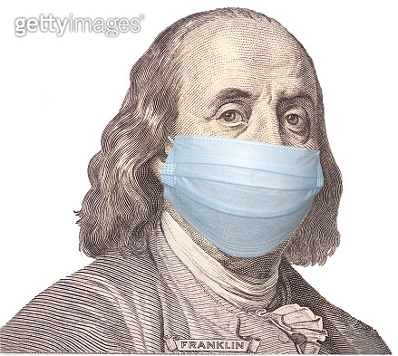 Portrait of Benjamin Franklin wearing medical protective mask for virus ...