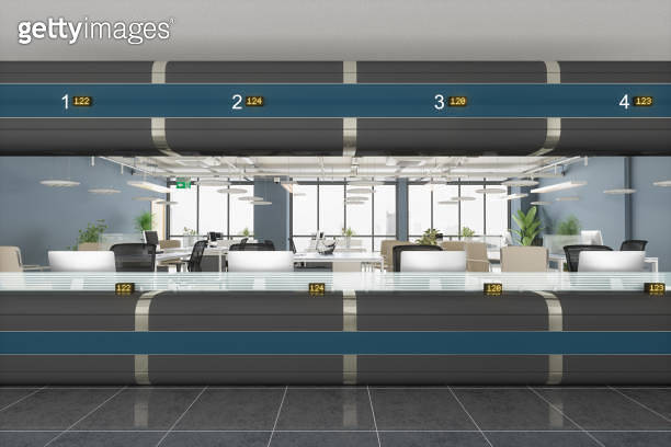 Front View Of Customer Stand With Digital Counter In Bank Or In ...