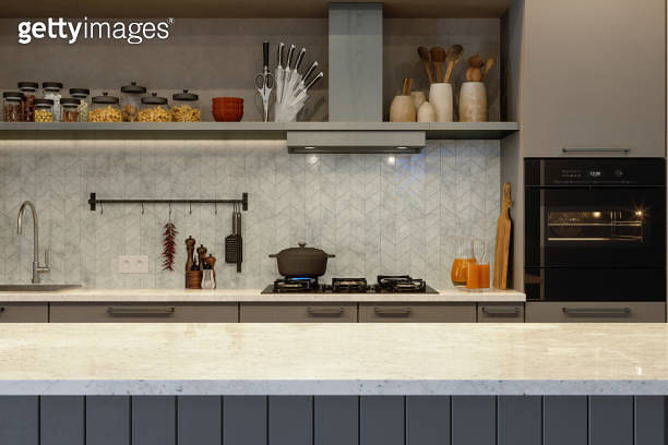 Modern Kitchen Interior With Empty Kitchen Island, Kitchen Counter ...