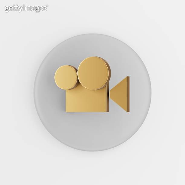 Icon gold digital video camera flat outline. 3d rendering round gray key button, interface ui ux ...