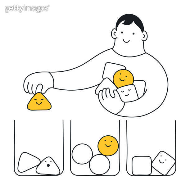 A cute cartoon vector is sorting different geometric figures. Sorting ...