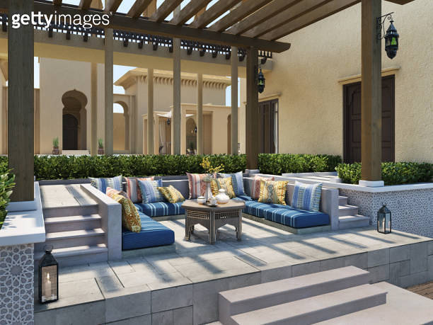 Lounge pavilion on terrace with cushions inspired by arabic,islamic ...
