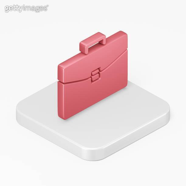 Red business briefcase icon. 3d rendering square button key isometric view, interface ui ux ...