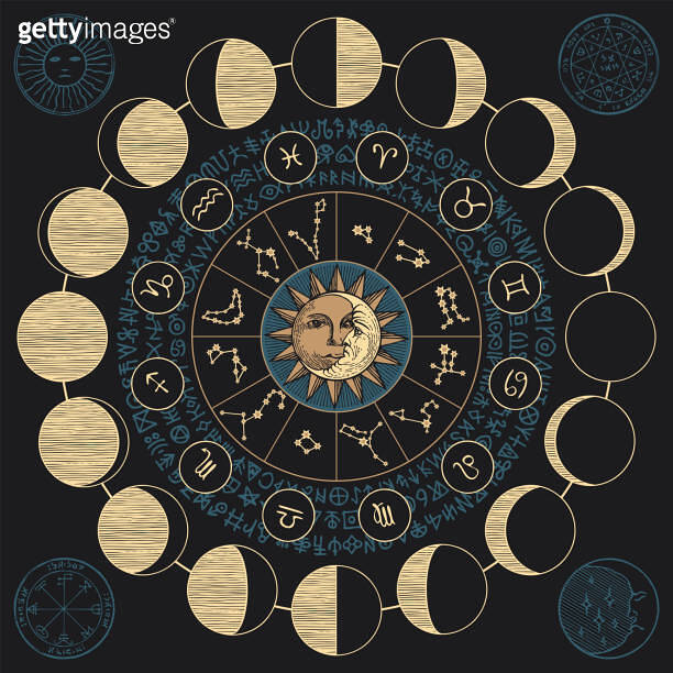 Vector banner with Sun, Moon and lunar phases (1341501621) 일러스트, 무료 ...