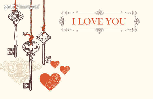 retro valentine card with keys, keyhole and heart 이미지 (1295809910) - 게티 ...