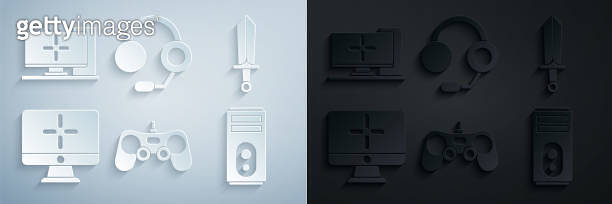 Set Gamepad, Sword for game, Computer monitor, Headphones and icon. Vector 이미지 (1341518654) - 게티 ...
