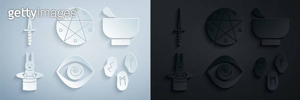 Set Hypnosis, Magic mortar and pestle, Magician hat rabbit, runes ...