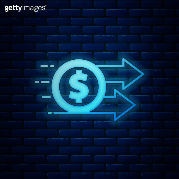 Glowing neon Financial growth dollar coin icon isolated on brick wall background. Increasing ...