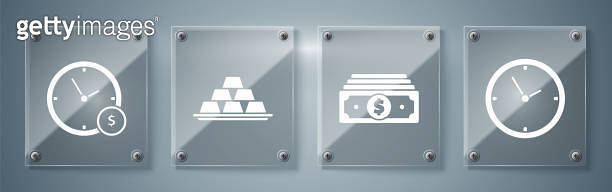 Set Clock, Stacks paper money cash, Gold bars and Time is money. Square ...
