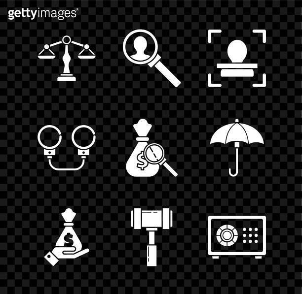 Set Scales of justice, Magnifying glass for search, Face recognition ...