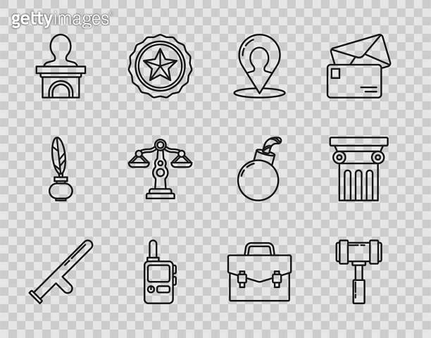 Set line Police rubber baton, Judge gavel, Map marker with silhouette ...