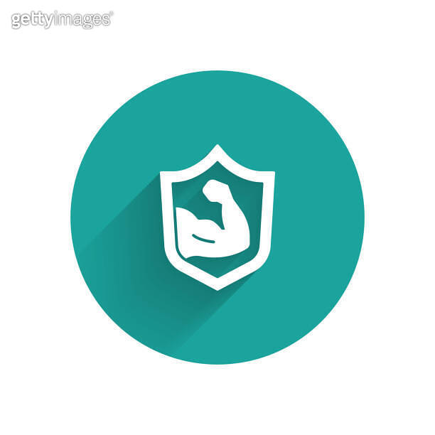 White Bodybuilder showing his muscles icon isolated with long shadow ...