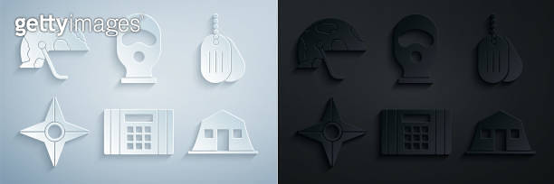 Set Dynamite bomb, Military dog tag, Japanese ninja shuriken, barracks ...