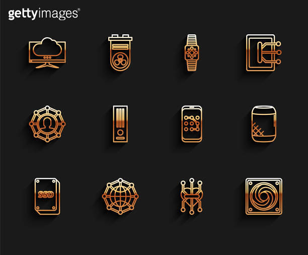 Set line SSD card, Global technology or social network, Computer monitor screen, Processor ...