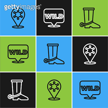 Set line Hexagram sheriff, Cowboy boot and Pointer to wild west icon ...