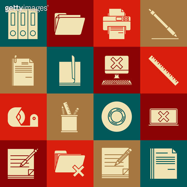 Set File document, Laptop and cross mark on screen, Ruler, Printer, paper clip, Office folders ...