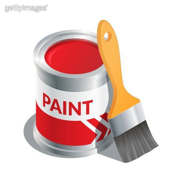 Isometric vector illustration open red paint bucket and brush isolated ...