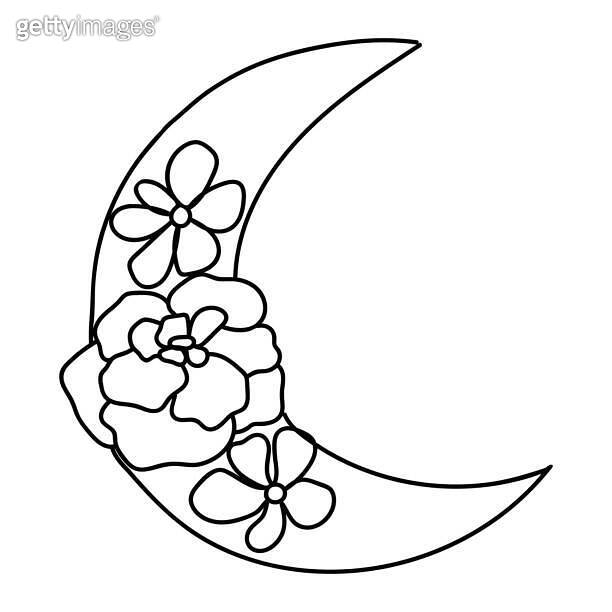 Black outline boho moon with flowers in modern style. Hand drawn ...
