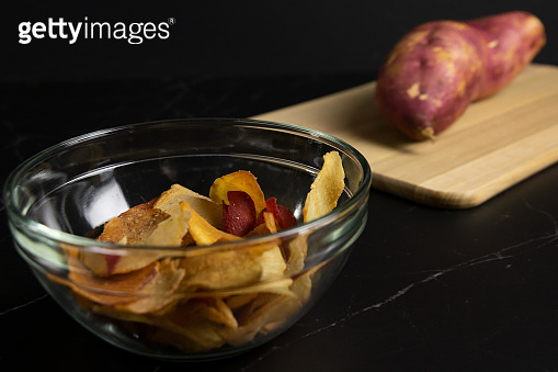 Tuber Chips. Sweet potato and manioc (Cassava) chips in a bowl ...