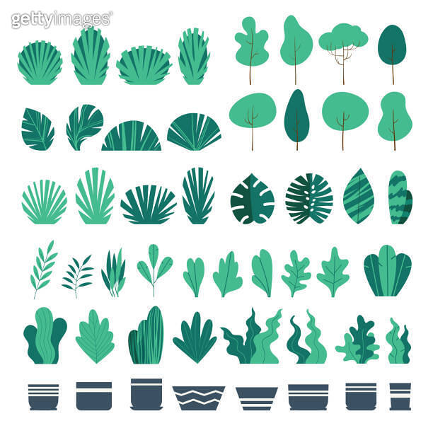 Set of office plants, foliage, trees and pots in a flat style. Home and ...