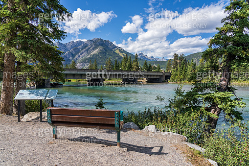 Bow River Trail scenery in summer sunny day. Town of Banff Avenue ...