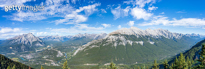 Panorama view Bow Valley Town of Banff and Mount Rundle mountain range ...