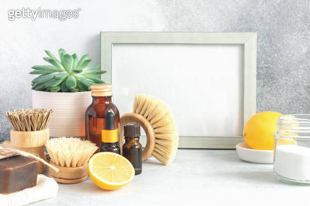 Eco friendly cleaning products and tools. Frame for text. Bamboo ...
