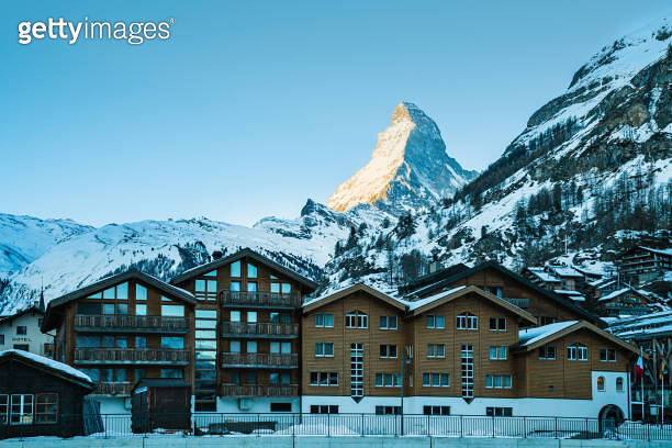 World famous mountain peak Matterhorn, view from Zermatt town ...
