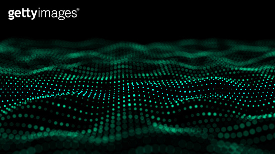 Abstract green futuristic background. Big data visualization. Digital dynamic wave of particles ...