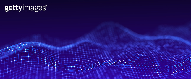 Digital dynamic wave of particles. Abstract blue futuristic background. Big data visualization ...