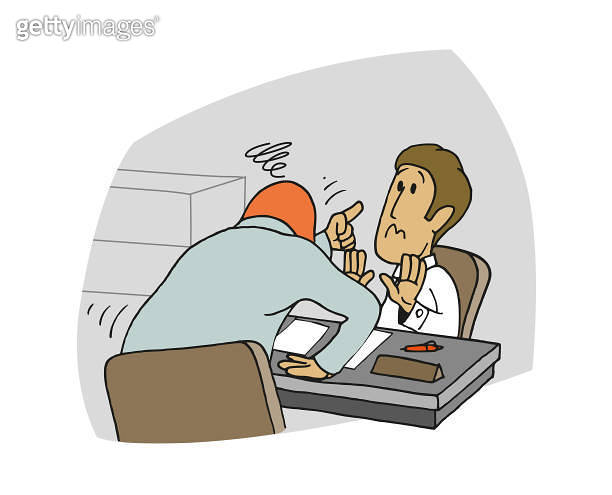 Angry client pointing his finger to a scared office, bank worker ...