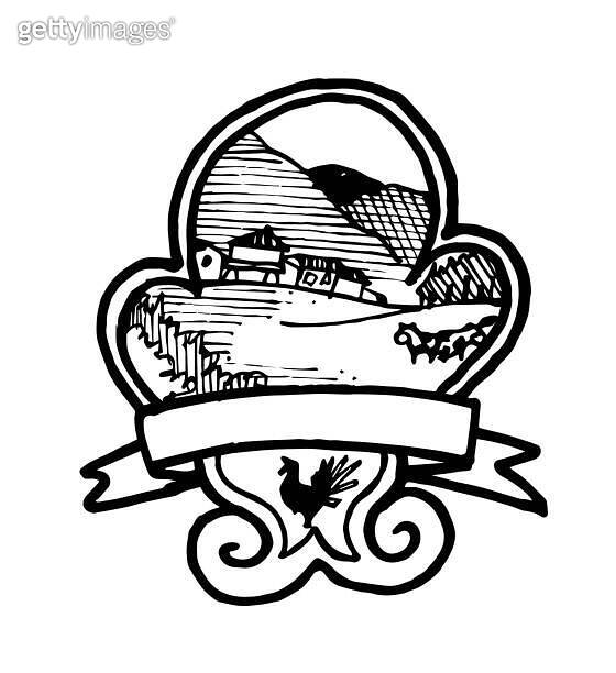 Isolated shield with a rural landscape with a rooster, shields and ...