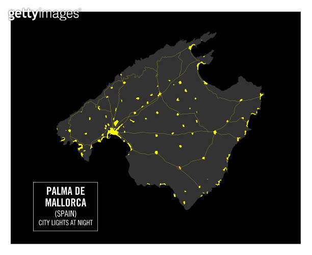 Detailed map of Palma de Mallorca island, Spain. Night view from space ...