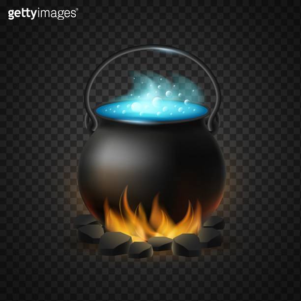 Boiling cauldron of magic potion isolated. Warming up burning black ...
