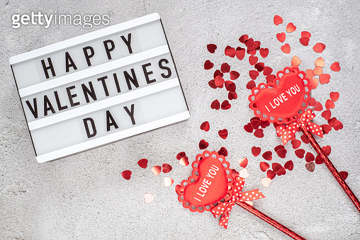 Happy Valentine's day light box with red glitter and decorative fabric ...