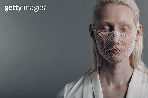 Closeup portrait of white caucasian albino blond woman fashion model ...