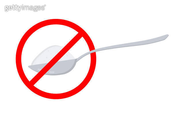 Red prohibitory sign with crossed out Spoon with sugar. Saying no to ...
