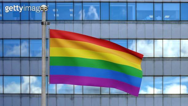 3D illustration gay flag in skyscraper city. Tall tower with LGBT ...