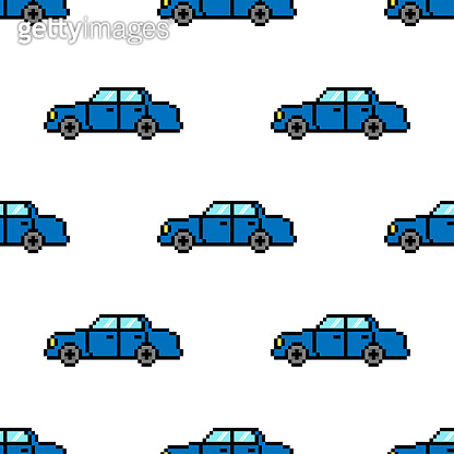 Blue pixel cars isolated on white background. Cute pixelated seamless ...
