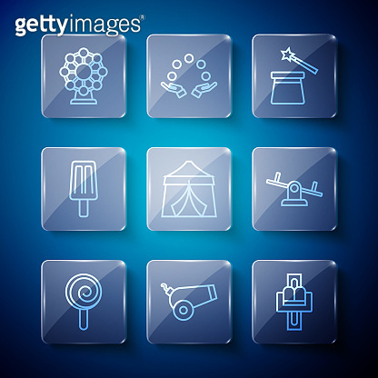 Set line Lollipop, Cannon, Attraction carousel, Magic hat and wand ...