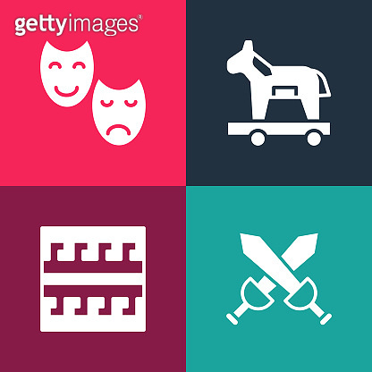 Set pop art Crossed medieval sword, Ancient Greek pattern, Trojan horse ...