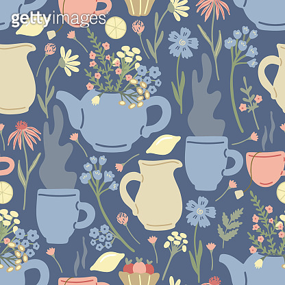 Herbal tea seamless pattern with lemons, tea pots, wild flowers and ...