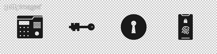 Set House intercom system, Old key, Keyhole and Mobile with fingerprint scan icon. Vector 이미지 ...