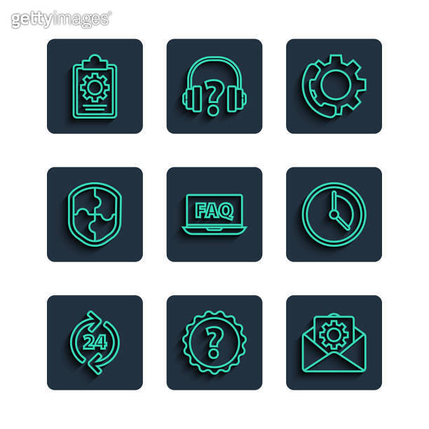 Set line Telephone 24 hours support, Question mark, Envelope setting, Laptop and FAQ, Shield ...