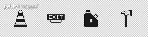 Set Traffic cone, Fire exit, Canister fuel and Firefighter axe icon ...